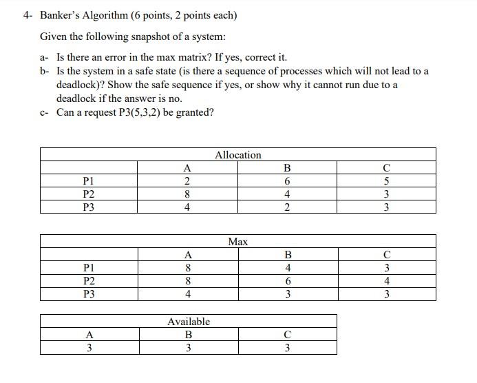 Solved 4- Banker's Algorithm (6 points, 2 points each) Given | Chegg.com