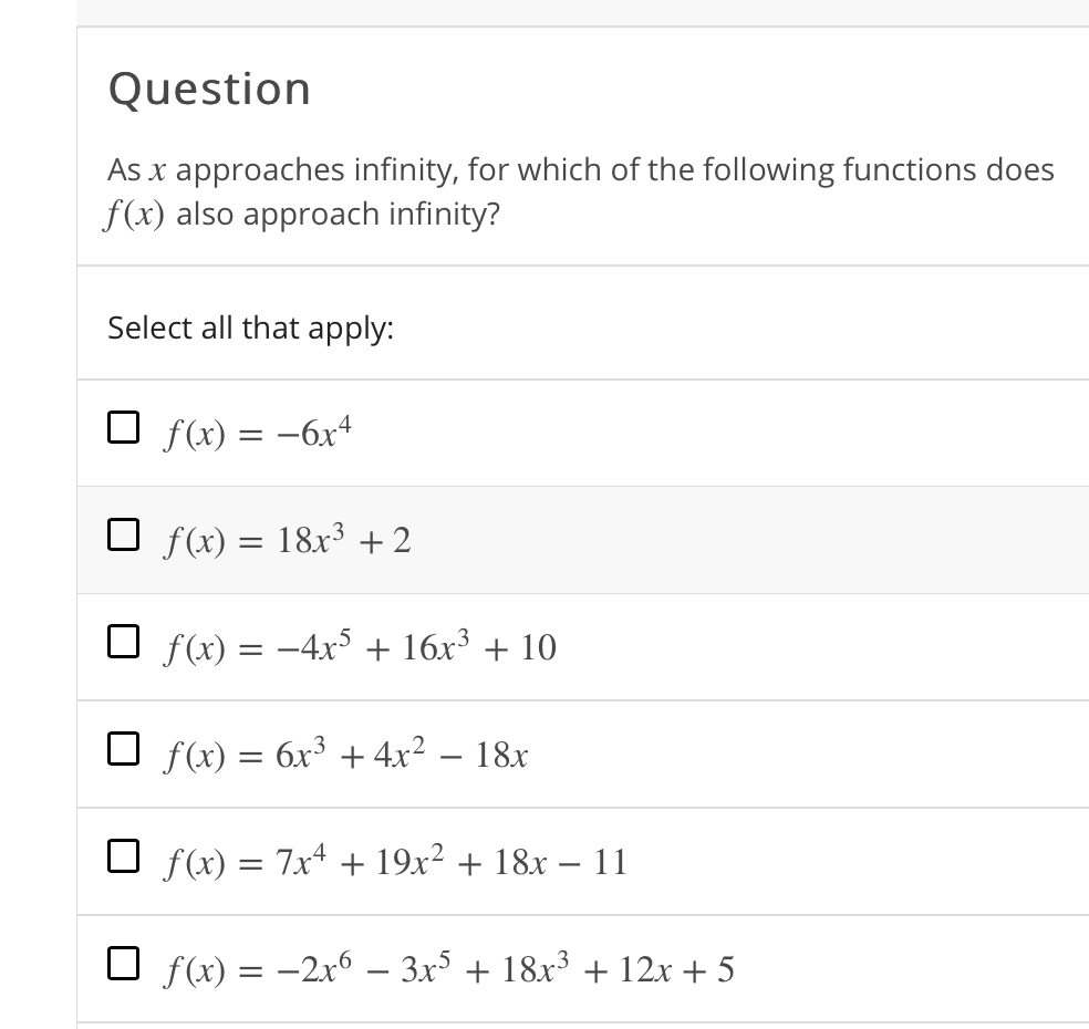 Solved Question As x approaches infinity, for which of the | Chegg.com