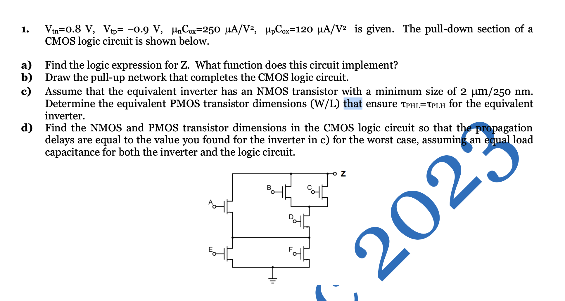 Solved 1. Vtn=0.8 V, Vtp=−0.9 | Chegg.com
