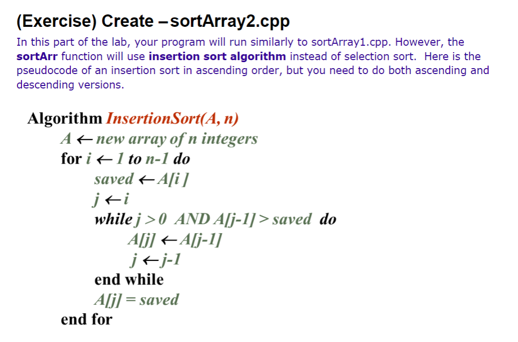 Solved Exercise Create Sortarray2 Cpp In This Part Of The