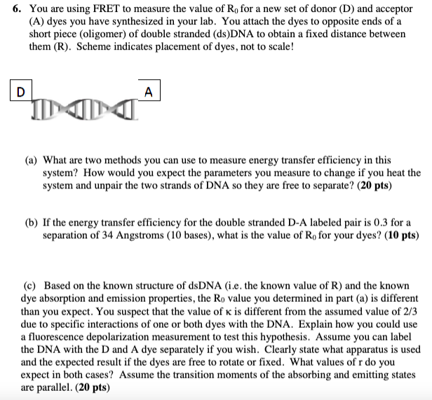 Solved 6. You are using FRET to measure the value of R0 for | Chegg.com