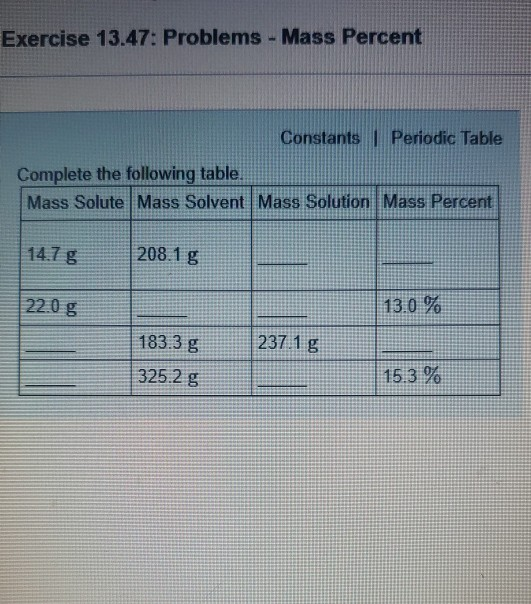 Solved Exercise 13.47: Problems Mass Percent Constants I | Chegg.com