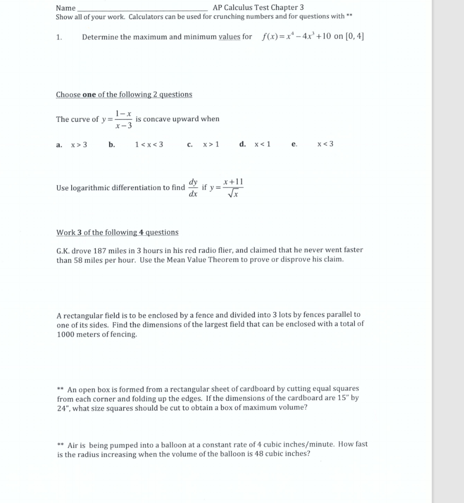 Solved Name AP Calculus Test Chapter 3 Show all of your | Chegg.com