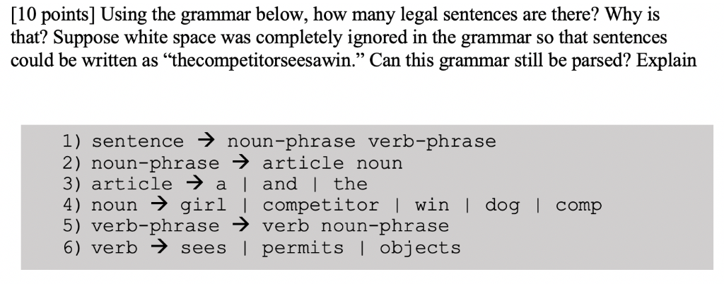 Solved [10 points] Using the grammar below, how many legal | Chegg.com