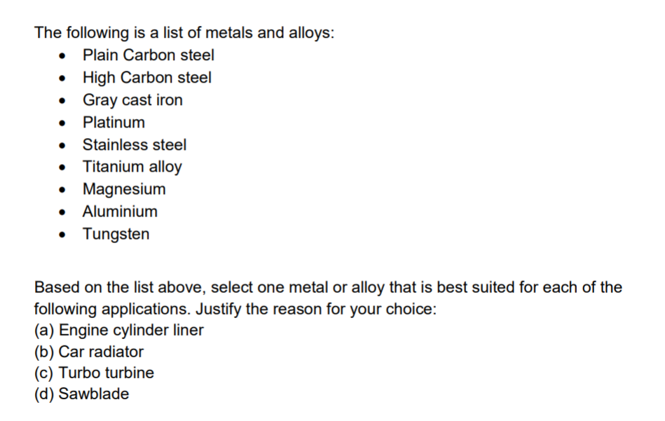 Solved The following is a list of metals and alloys: • Plain | Chegg.com