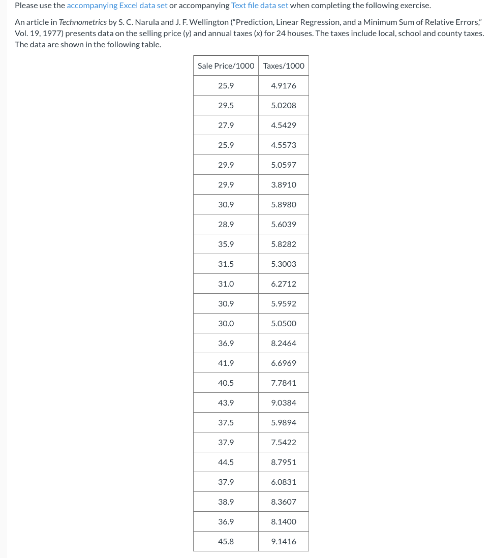 Solved Please Use The Accompanying Excel Data Set Or 