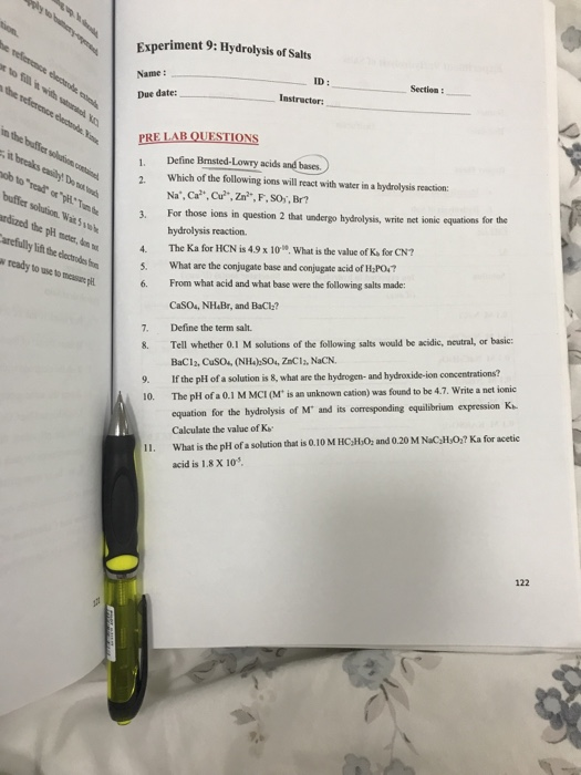 Solved Experiment 9: Hydrolysis of Salts Name: Due date: ID: | Chegg.com