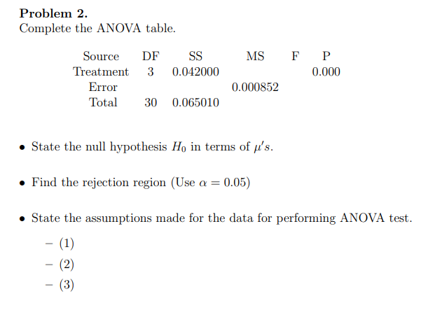 Solved Problem 2. Complete the ANOVA table. - State the null | Chegg.com