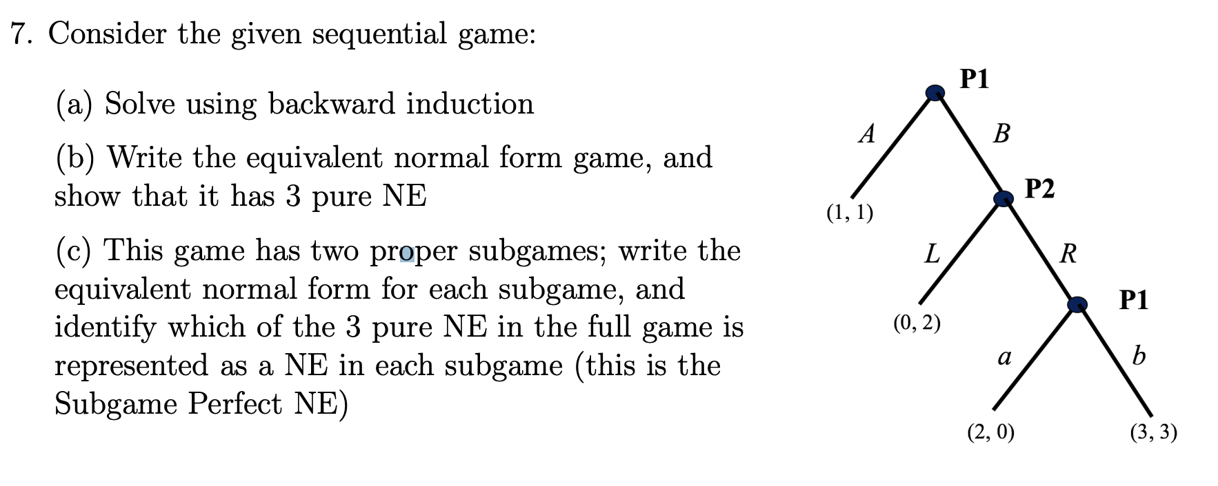 7. Consider the given sequential game: P1 A B P2 (1, | Chegg.com
