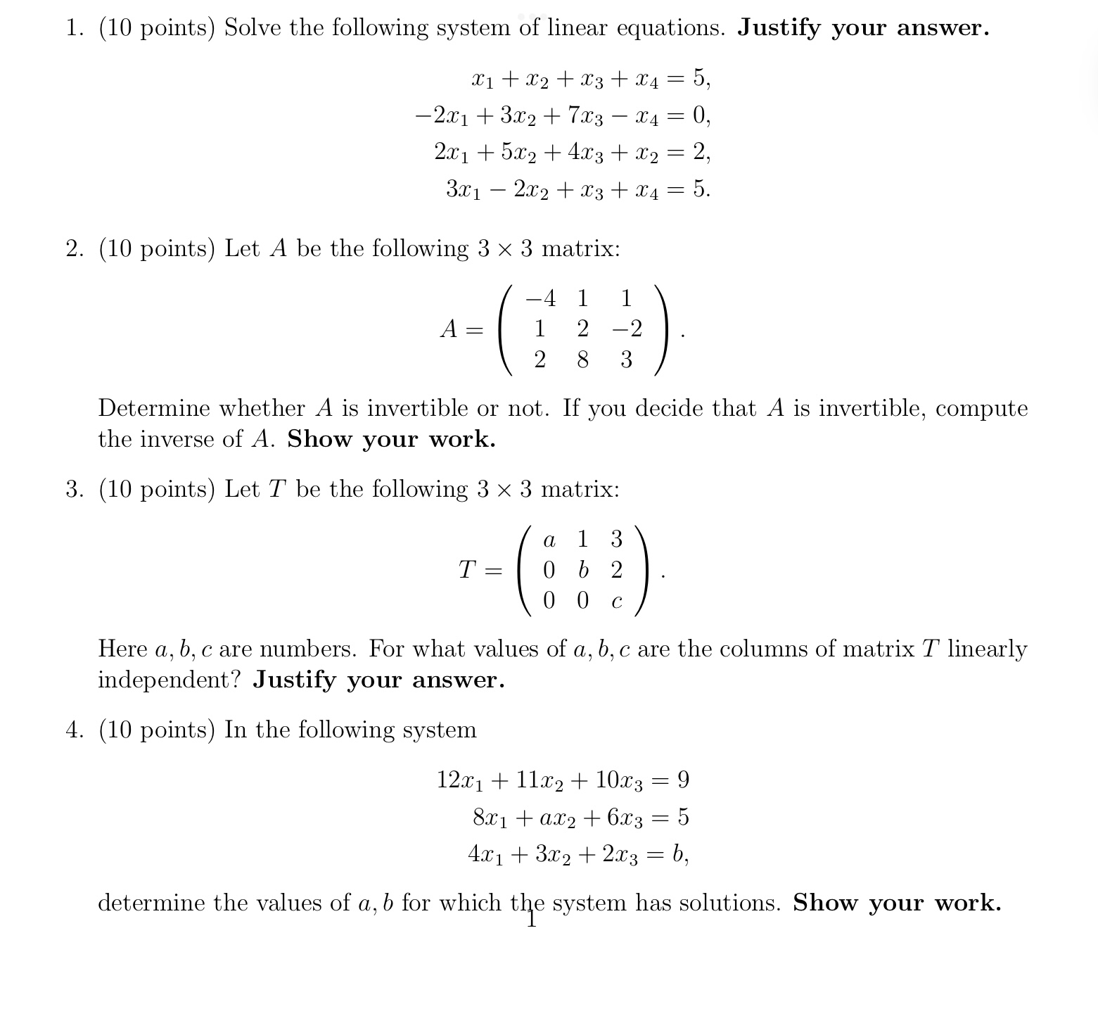 Solved 1. (10 points) Solve the following system of linear | Chegg.com