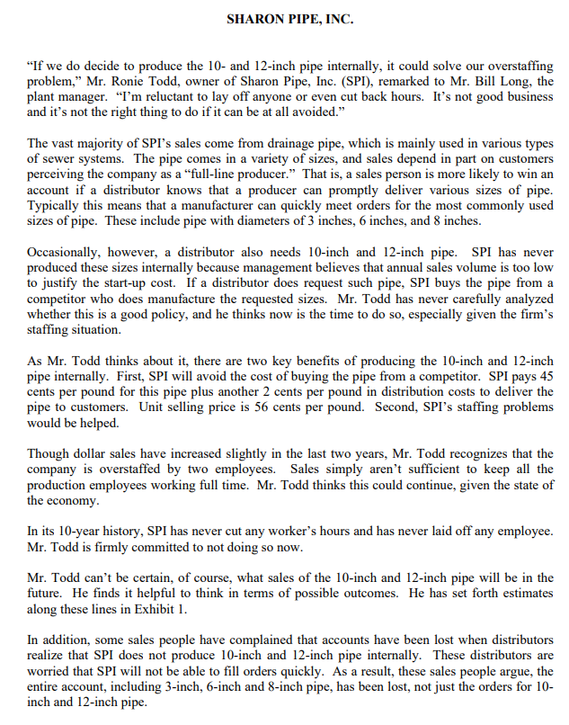 Solved SHARON PIPE, INC. "If we do decide to produce the 10 | Chegg.com