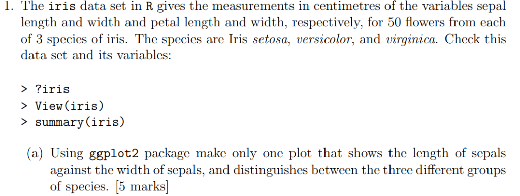 Solved 1. The iris data set in R gives the measurements in | Chegg.com