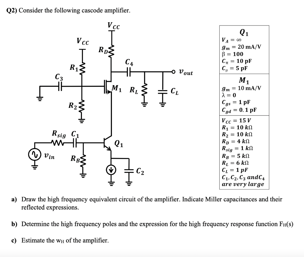 Q2) Consider the following cascode amplifier. a) Draw | Chegg.com