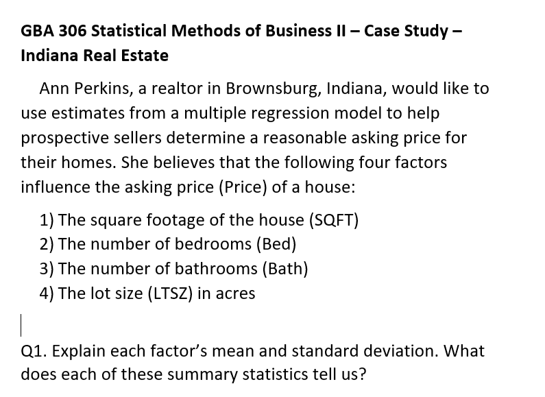 Solved GBA 306 Statistical Methods of Business l Indiana | Chegg.com