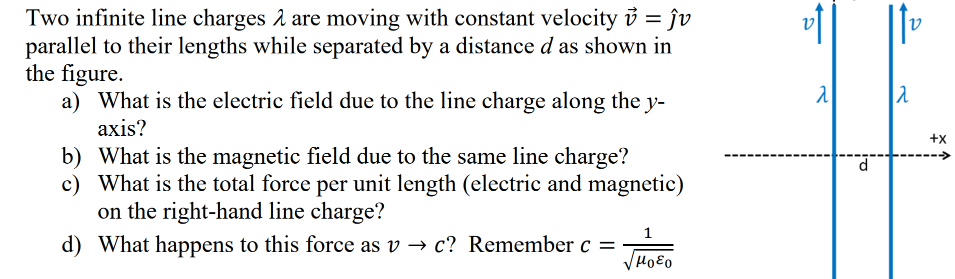 Solved v ν λ a Two infinite line charges a are moving with | Chegg.com