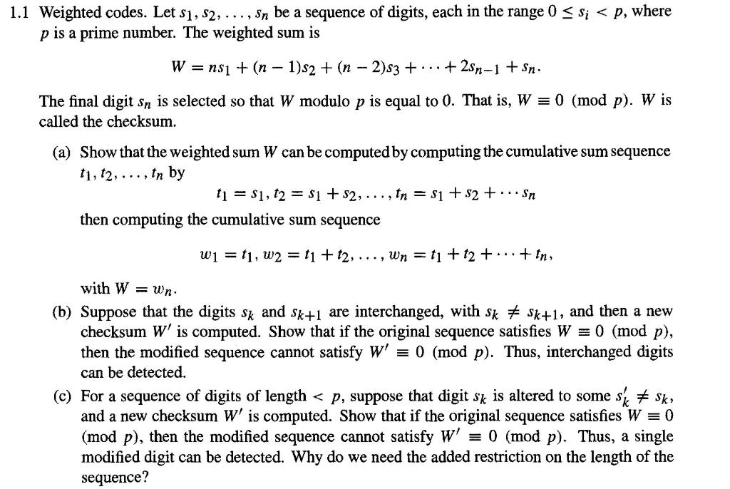 1.1 Weighted codes. Let 51, 52, ..., Sn be a sequence | Chegg.com