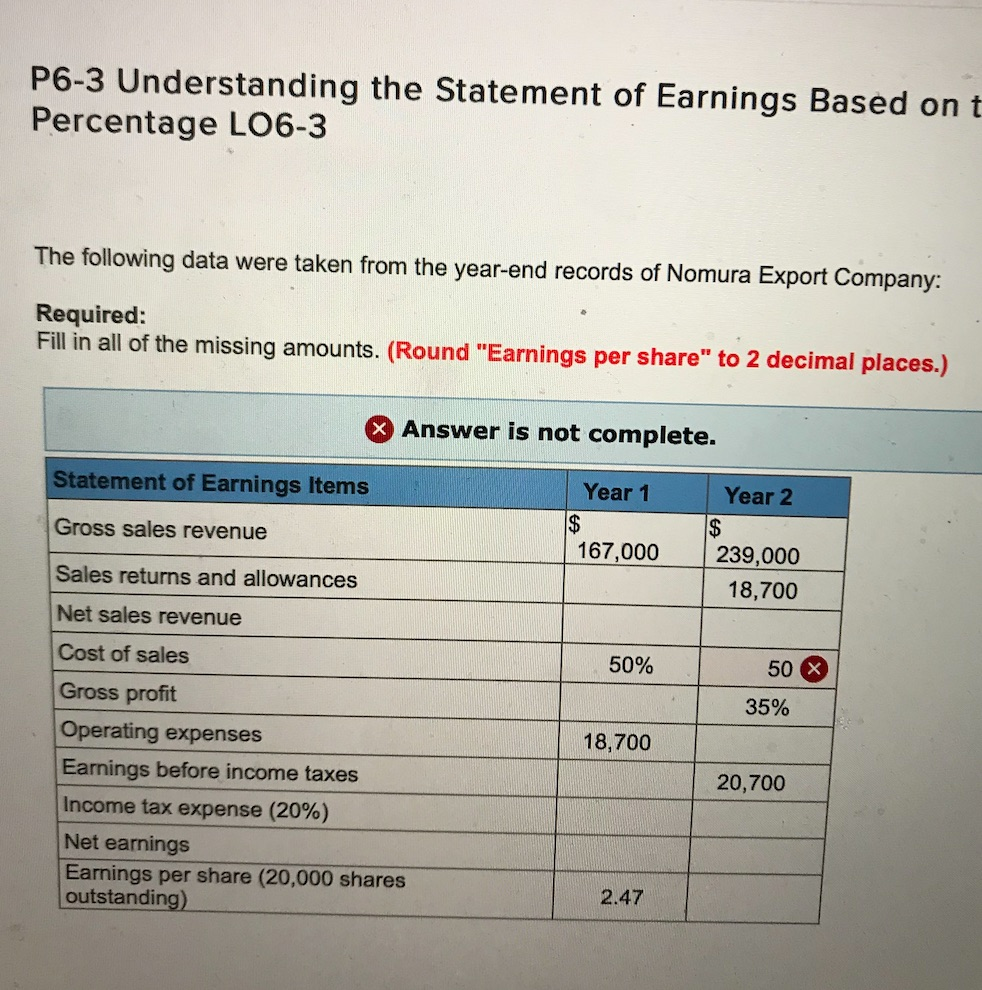 Solved P6-3 Understanding the Statement of Earnings Based on | Chegg.com