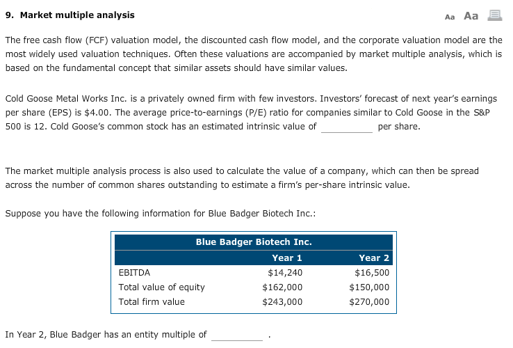 Solved 9. Market multiple analysis The free cash flow (FCF) | Chegg.com