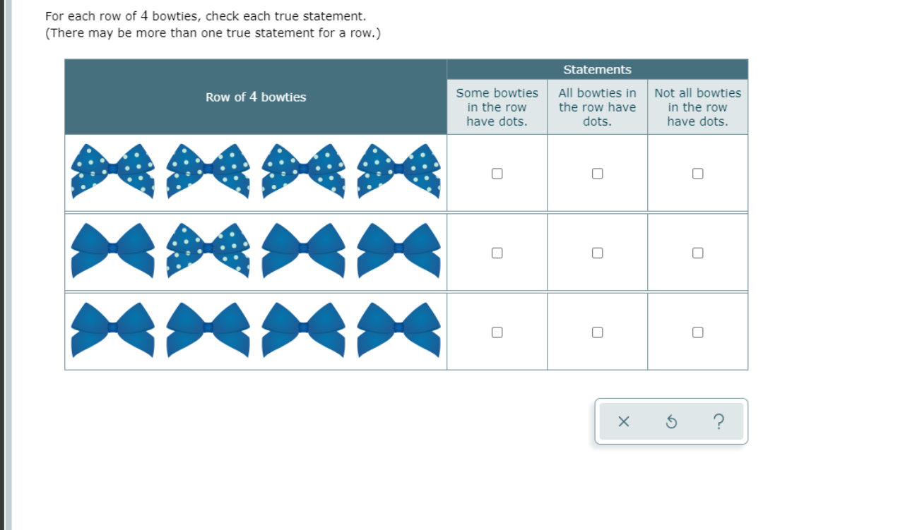 Solved For each row of 4 bowties, check each true statement. | Chegg.com