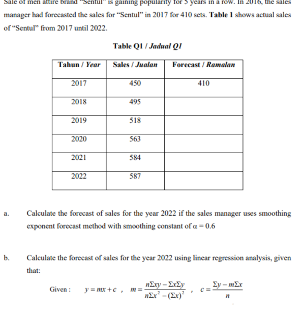 Solved manager had forecasted the sales for "Sentul" in 2017 | Chegg.com