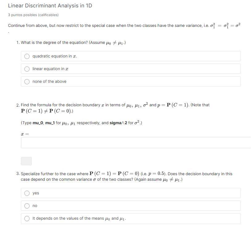 Solved inear Discriminant Analysis in 1D puntos posibles | Chegg.com