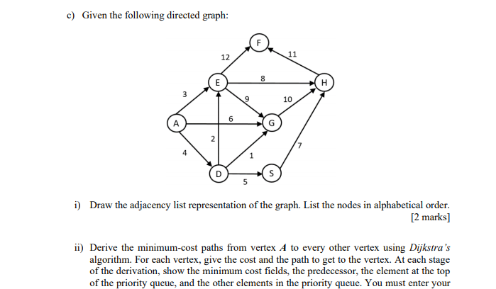 Solved c) Given the following directed graph: 12 11 8 3 9 10 | Chegg.com
