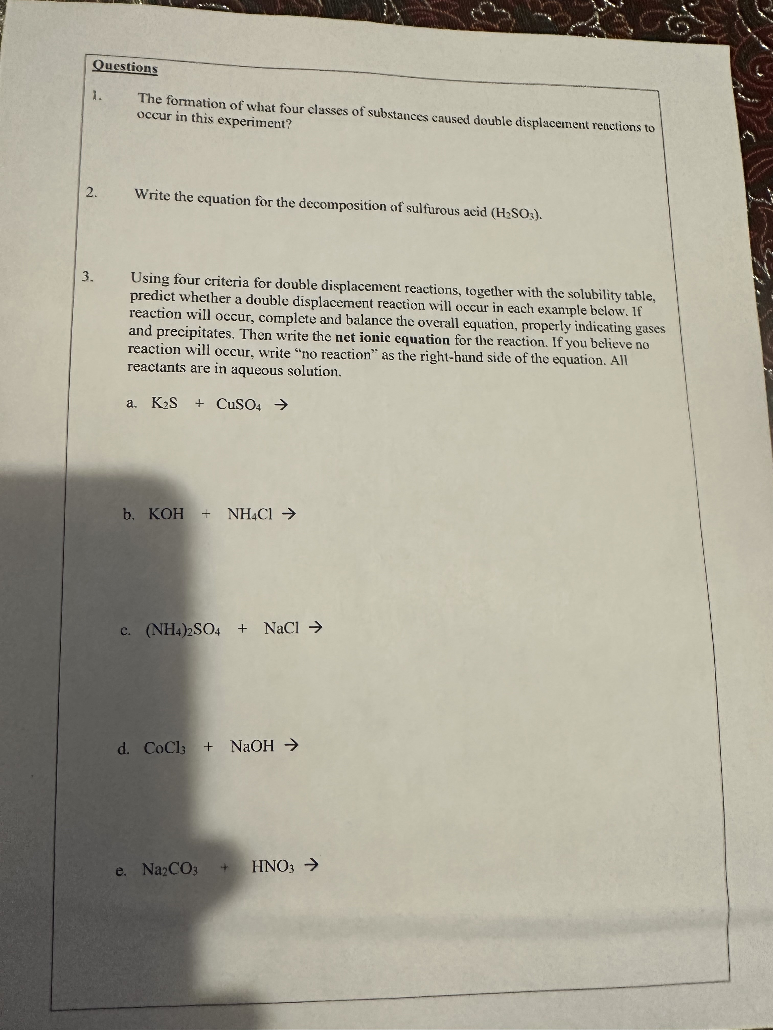 Solved 1. Record your observations of each experiment. Use | Chegg.com