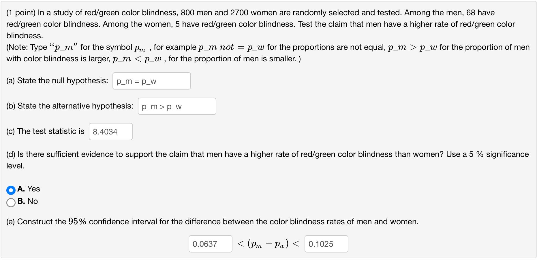 Solved (1 point) In a study of red/green color blindness, | Chegg.com