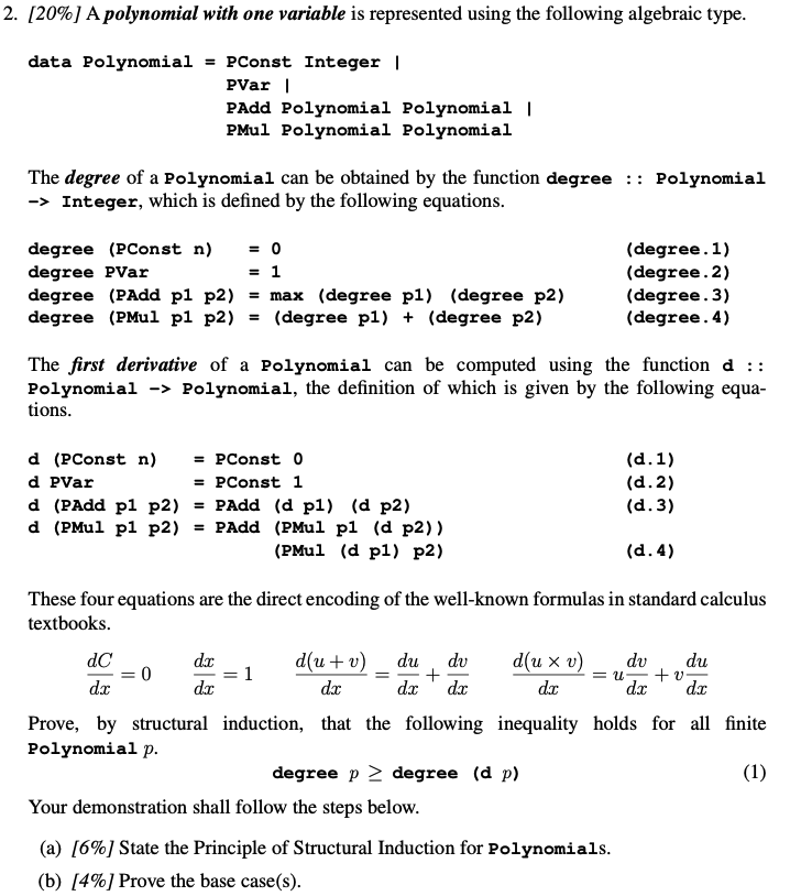 2. (20%) A polynomial with one variable is | Chegg.com