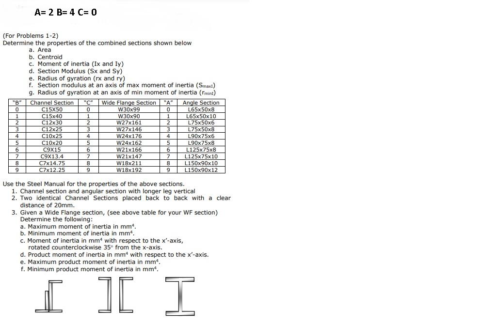 [Solved]: A= 2 B= 4 C= 0 (For Problems 1-2) Determine the