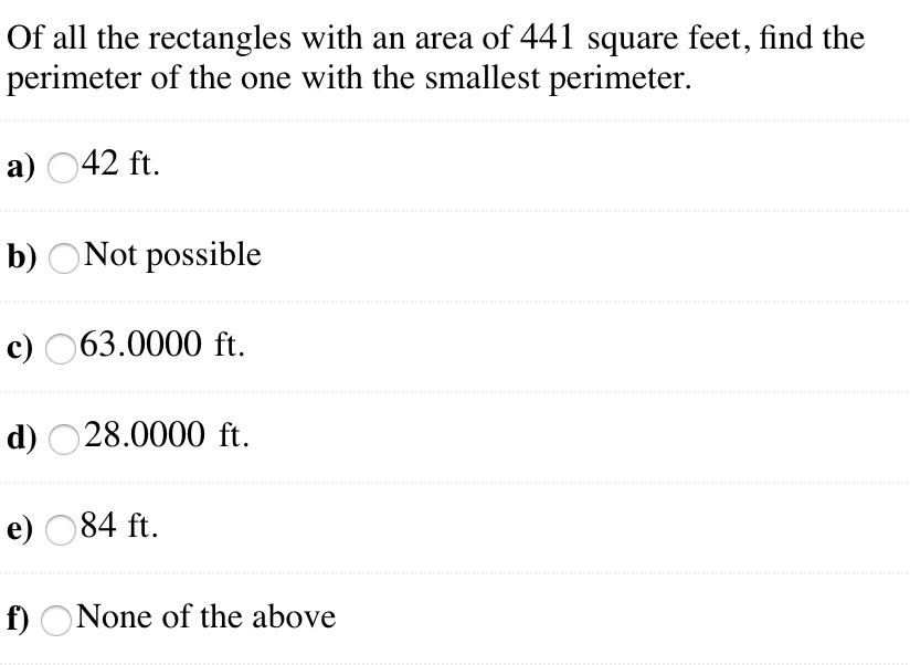 Solved Of all the rectangles with an area of 441 square | Chegg.com