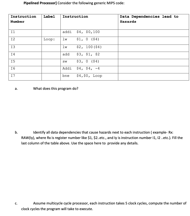 Solved Pipelined Processor] Consider the following generic | Chegg.com