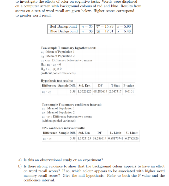 Solved to investigate the effects of color on cognitive | Chegg.com
