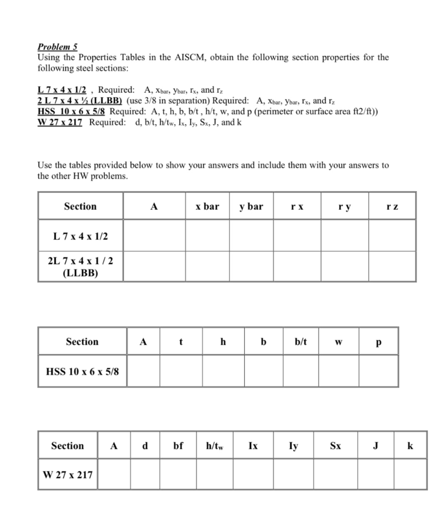 Solved Problem 5 Using the Properties Tables in the AISCM, | Chegg.com