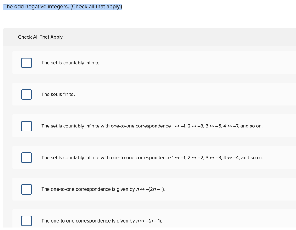 Solved The odd negative integers. (Check all that apply.) | Chegg.com