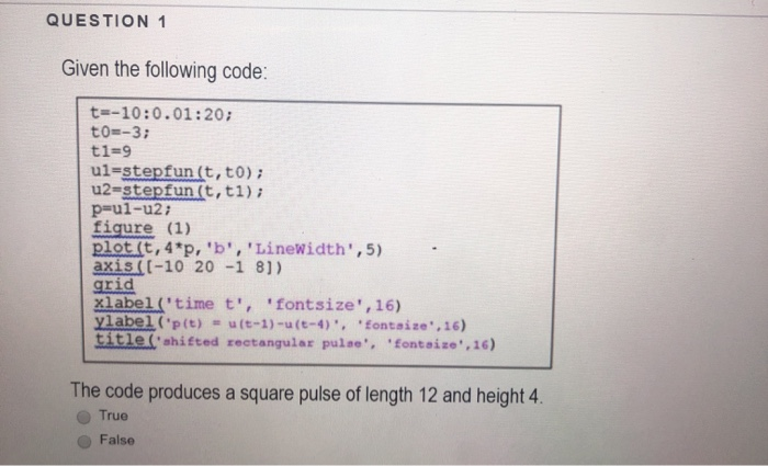 Solved QUESTION 1 Given the following code: t-10:0.01:20; | Chegg.com