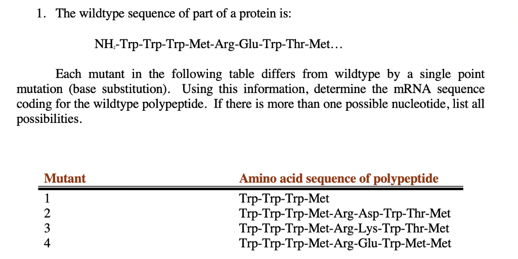 Solved 1. The wildtype sequence of part of a protein is: | Chegg.com
