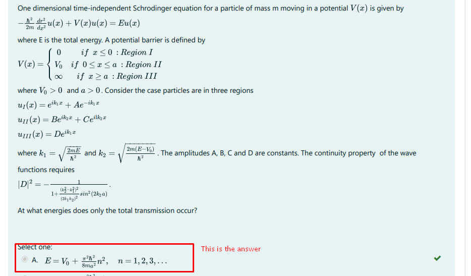 One dimensional time-independent Schrodinger equation | Chegg.com