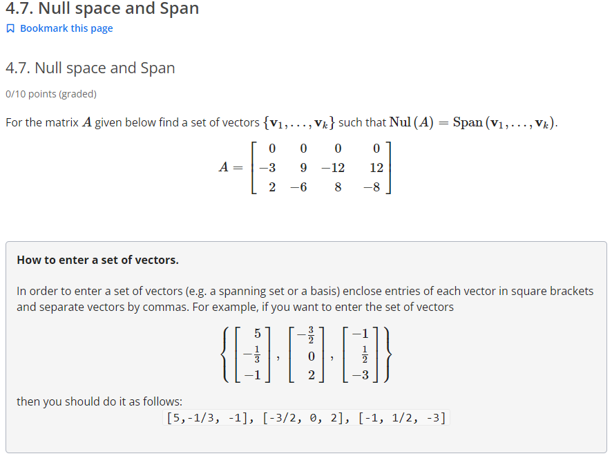 Solved For the matrix A given below find a set of vectors | Chegg.com