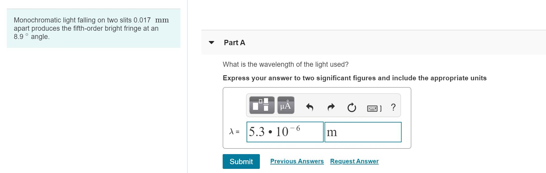 Solved Monochromatic light falling on two slits 0.017 mm | Chegg.com