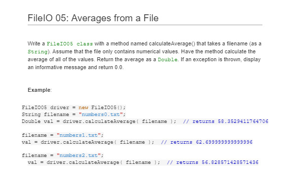 Solved Write a FileIOO4 class with a method named | Chegg.com