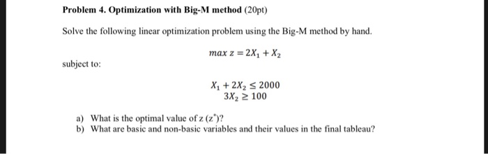 Solved Problem 4. Optimization with Big-M method (20pt) | Chegg.com