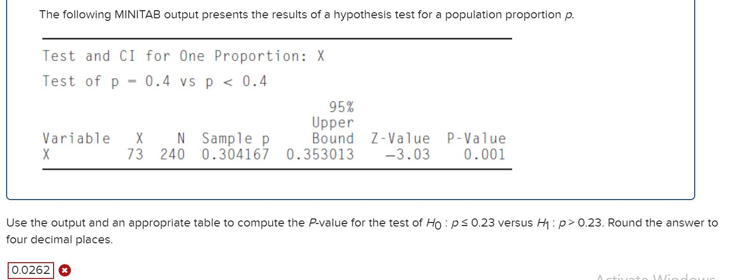 Solved The following MINITAB output presents the results of | Chegg.com