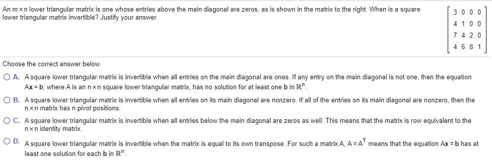 Solved An mxn lower triangular matrix is one whose entries | Chegg.com