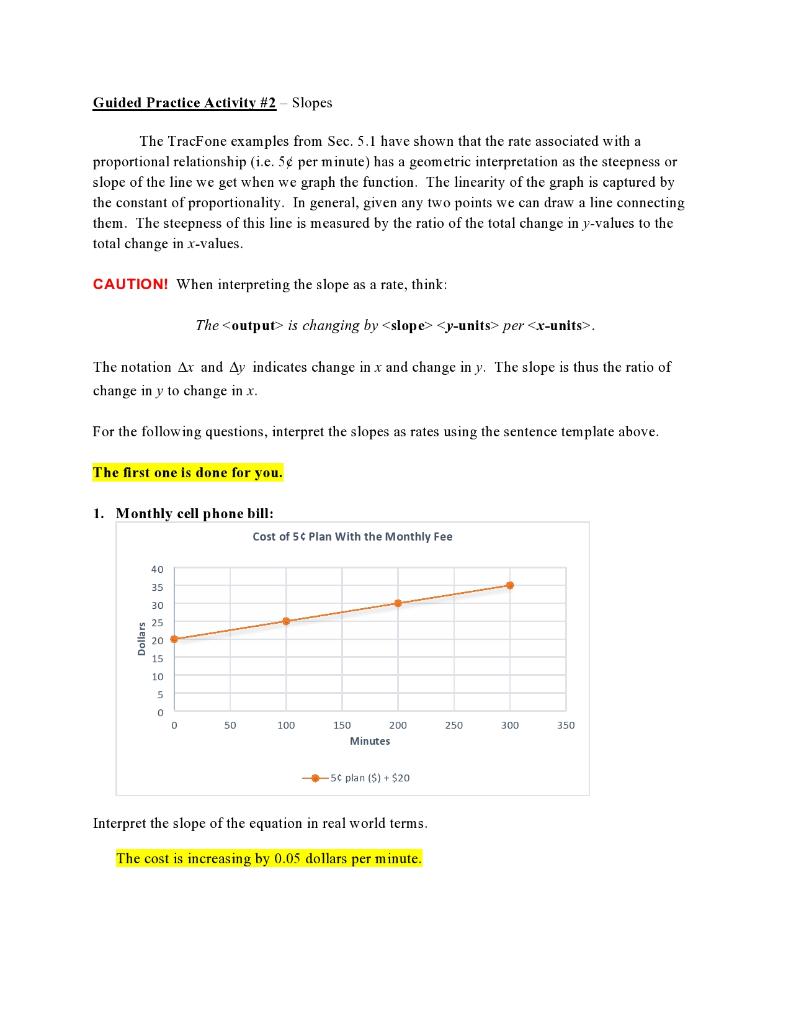 Solved Guided Practice Activity #2 - Slopes The TracFone | Chegg.com
