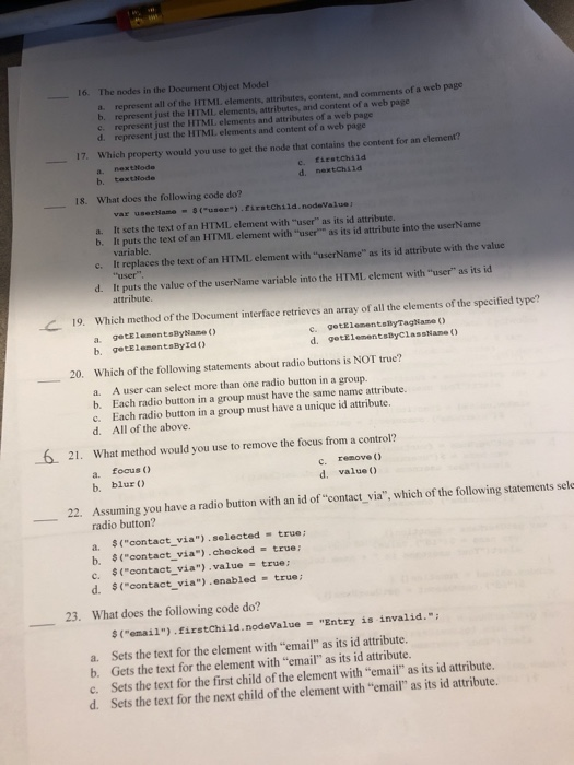 Solved 16. The nodes in the Document Object Model a. | Chegg.com