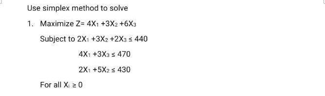 Solved Use simplex method to solve 1. Maximize Z= 4X1 +3X2 | Chegg.com