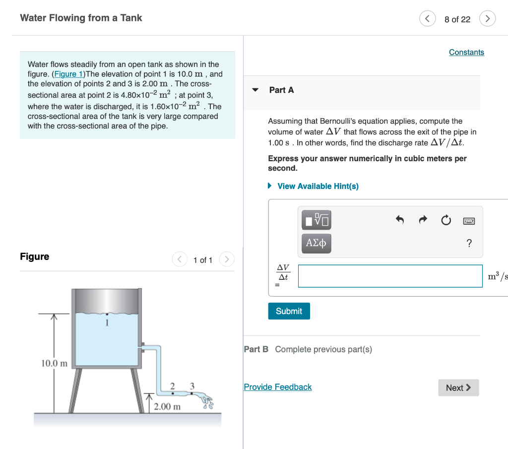 Solved Water Flowing from a Tank 8 of 22 > Constants Part A | Chegg.com