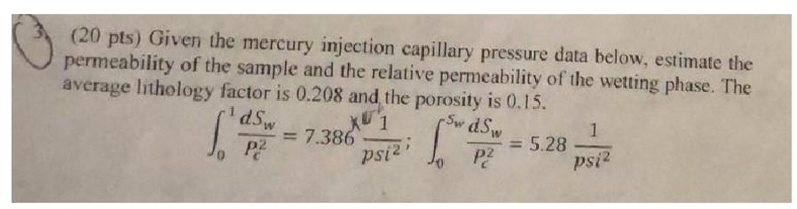 (20 pts) Given the mercury injection capillary | Chegg.com
