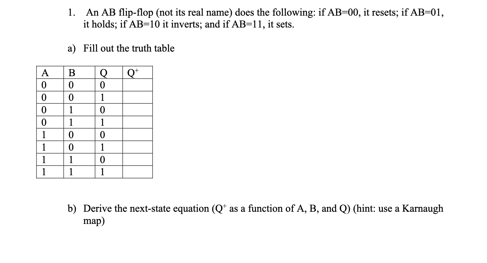 Solved 1. An AB flip-flop (not its real name) does the | Chegg.com